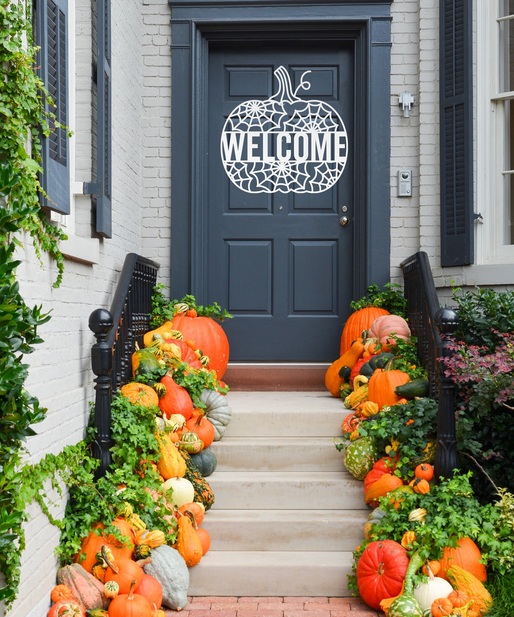 Welcome Pumpkin Sign, Metal Porch Sign, Fall Door Hanger, Fall Metal S ...